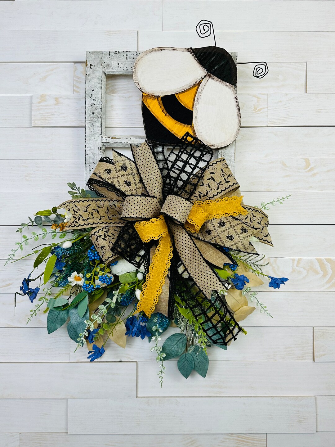 Rustic Window Pane Wreath, Rustic Bee, Farmhouse Window Pane, Home ...