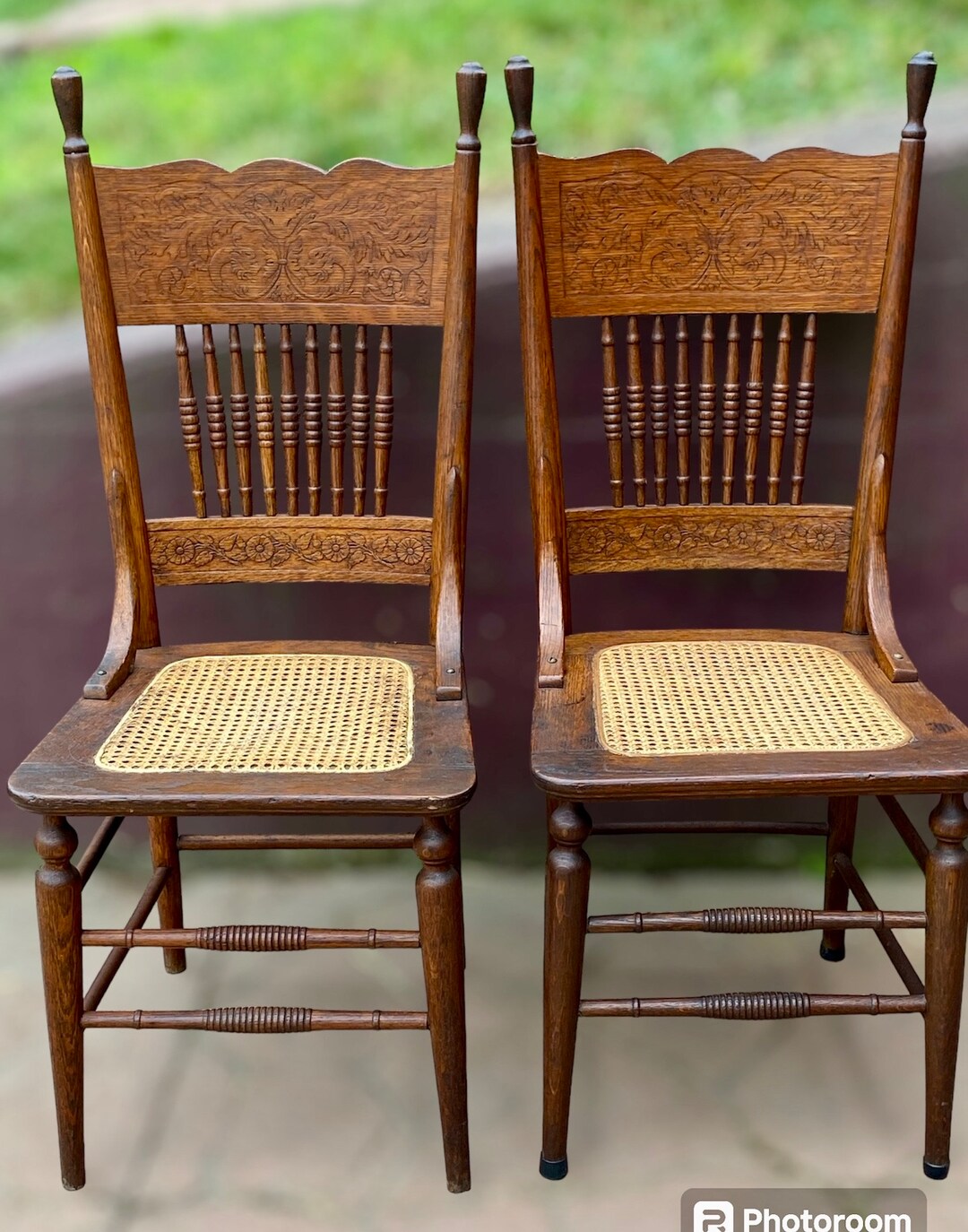 Two Antique Quartersawn Tiger Oak Hand-carved/ Pressed Back Cain Chairs ...