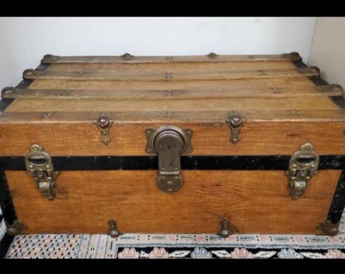 Antique Circa 1860s Flat Top Wood Metal Steel Bottom Steamer Trunk With ...