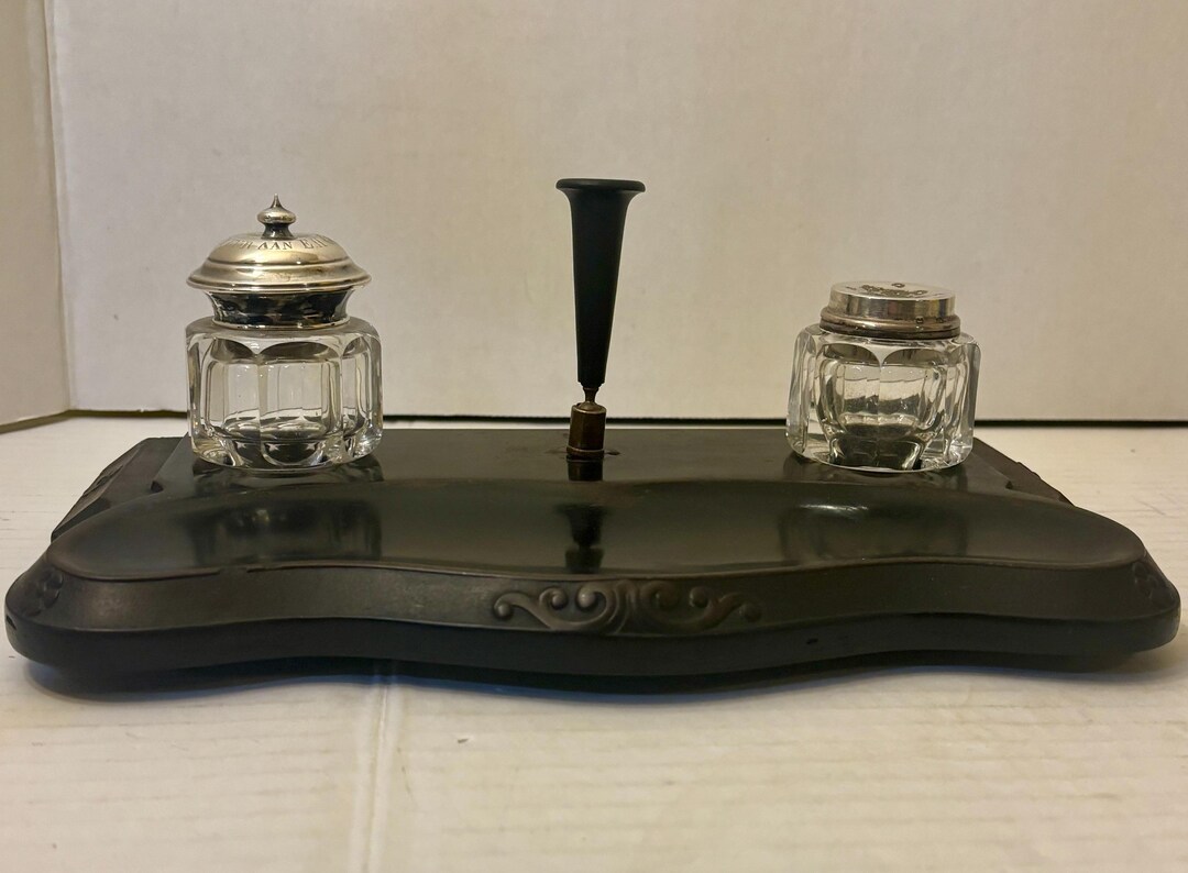 Antique Cut Glass & Silver Double Inkwell With Ebonite Stand Dutch ...