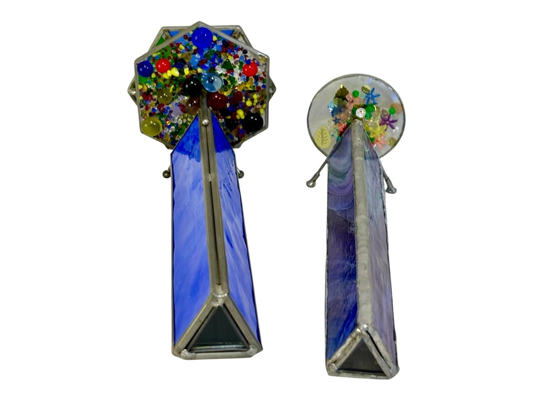 2 Vintage Footed Leaded Slag & Stained Glass Kaleidoscopes Double ...