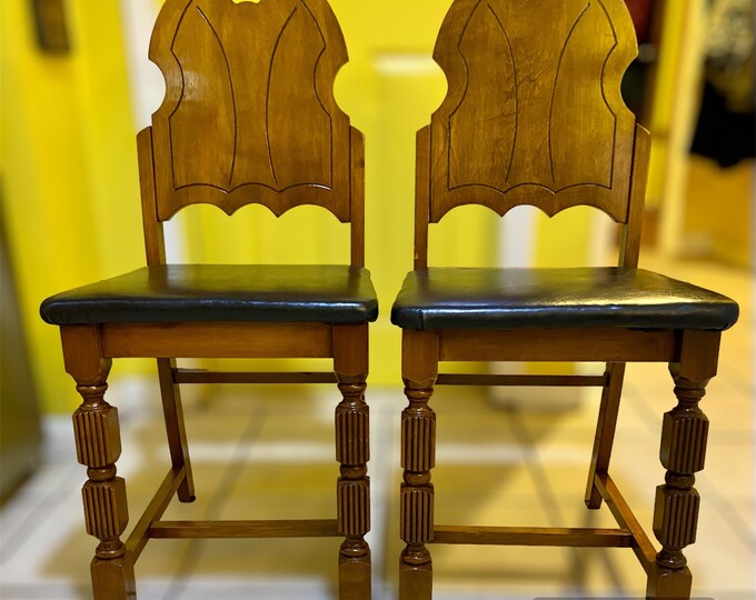 Two Gorgeous Early 1900s Solid Oak Steeple Back Chairs Leather Seats ...