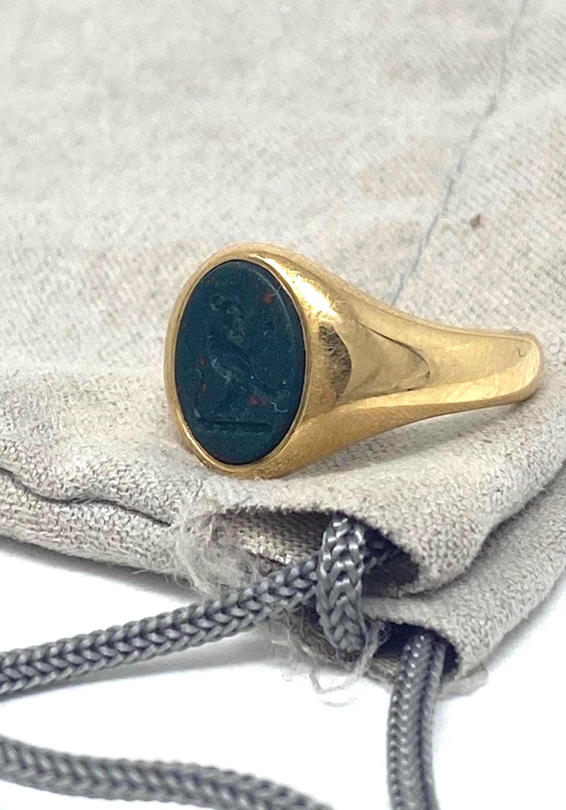 Antique Alabaster Wilson Bloodstone Signet Ring With Leopard Intaglio
