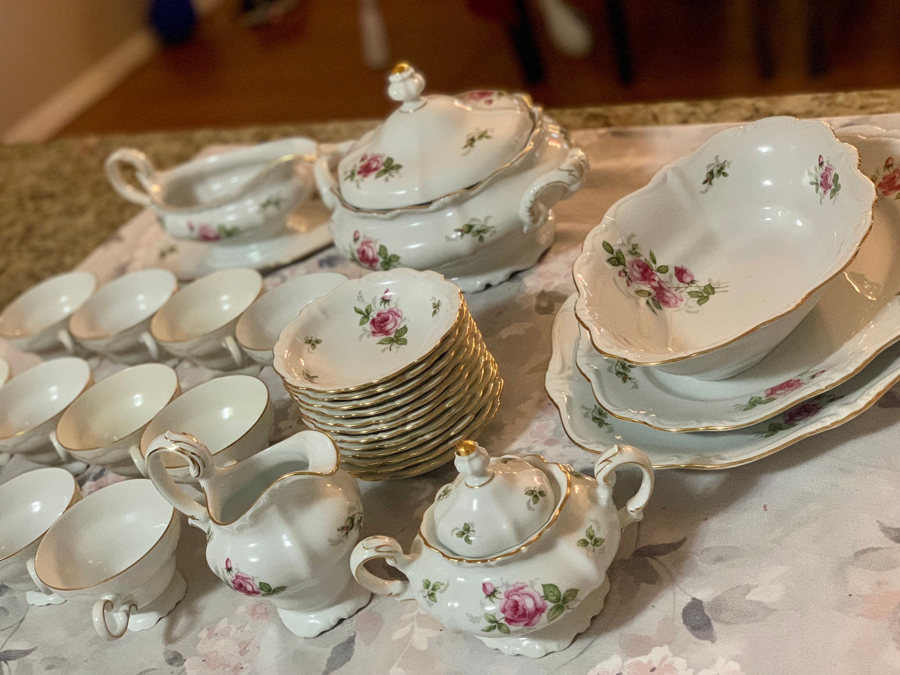 Johann Haviland Bavaria Germany Moss Rose Pink Floral Gold Trim Set of ...