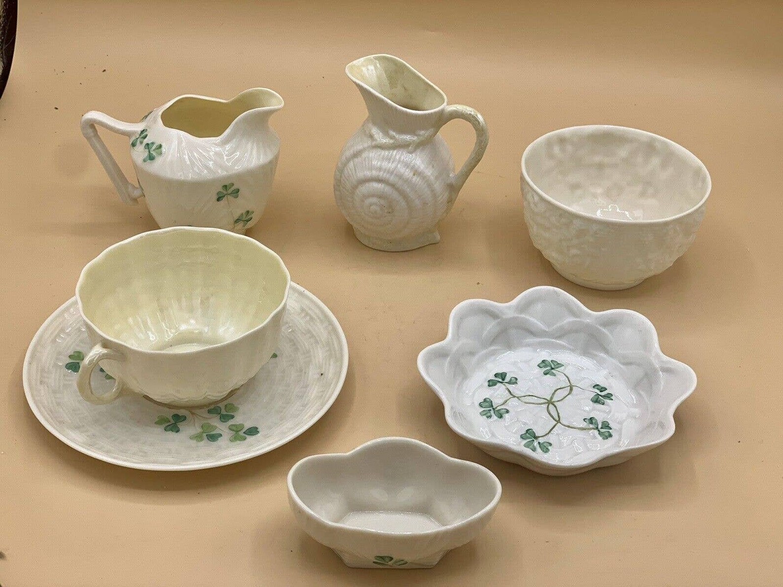 BELLEEK Parian China Set Shamrock Weaved Pattern Collection All 7 Piece ...