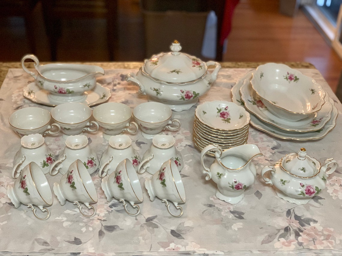 Johann Haviland Bavaria Germany Moss Rose Pink Floral Gold Trim Set of ...