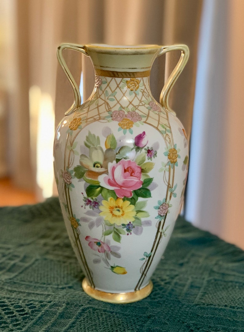 Nippon Morimura Hand Painted Large Pink Roses & Gold Vase Circa 1911 ...