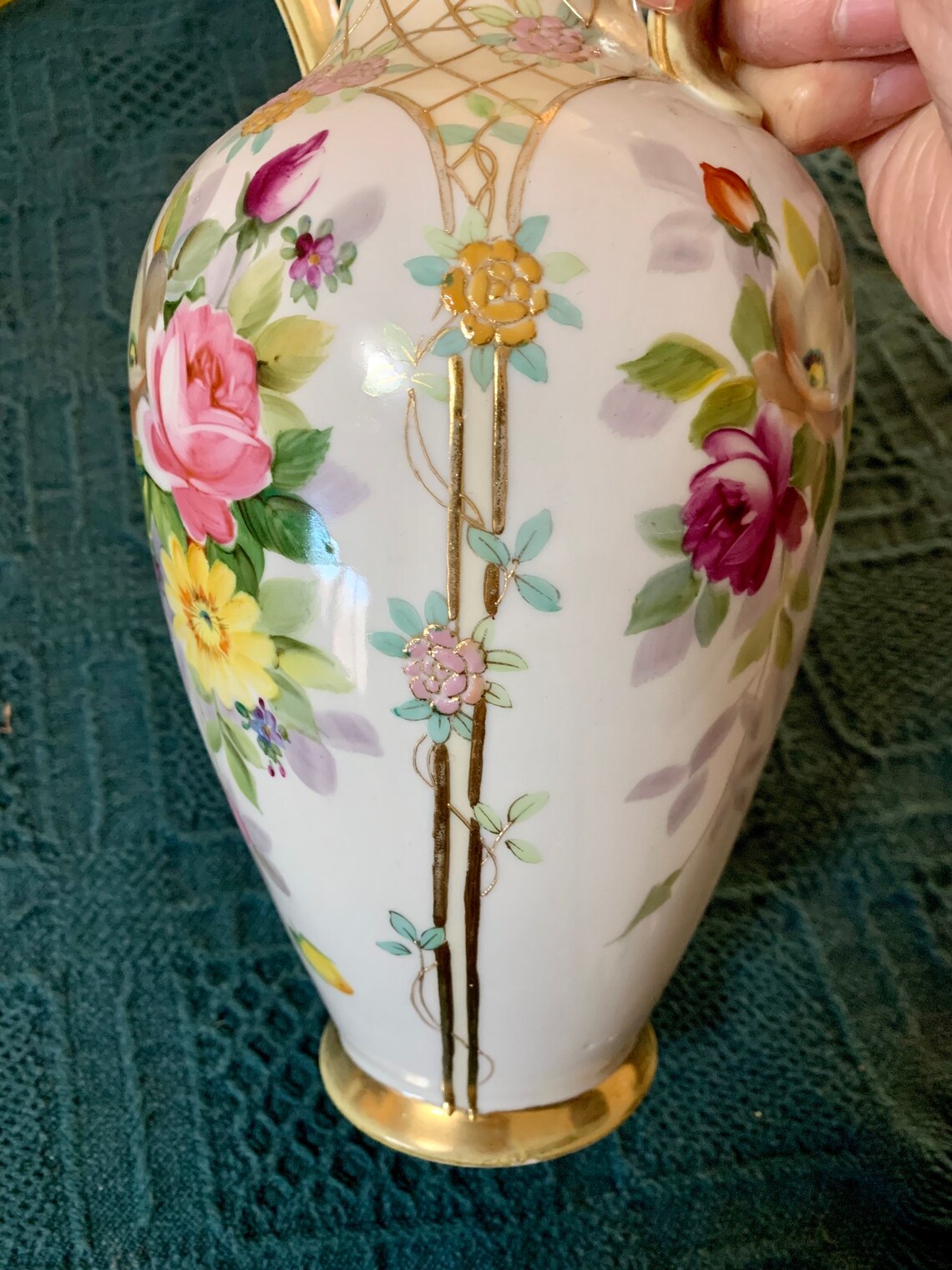 Nippon Morimura Hand Painted Large Pink Roses & Gold Vase Circa 1911 ...
