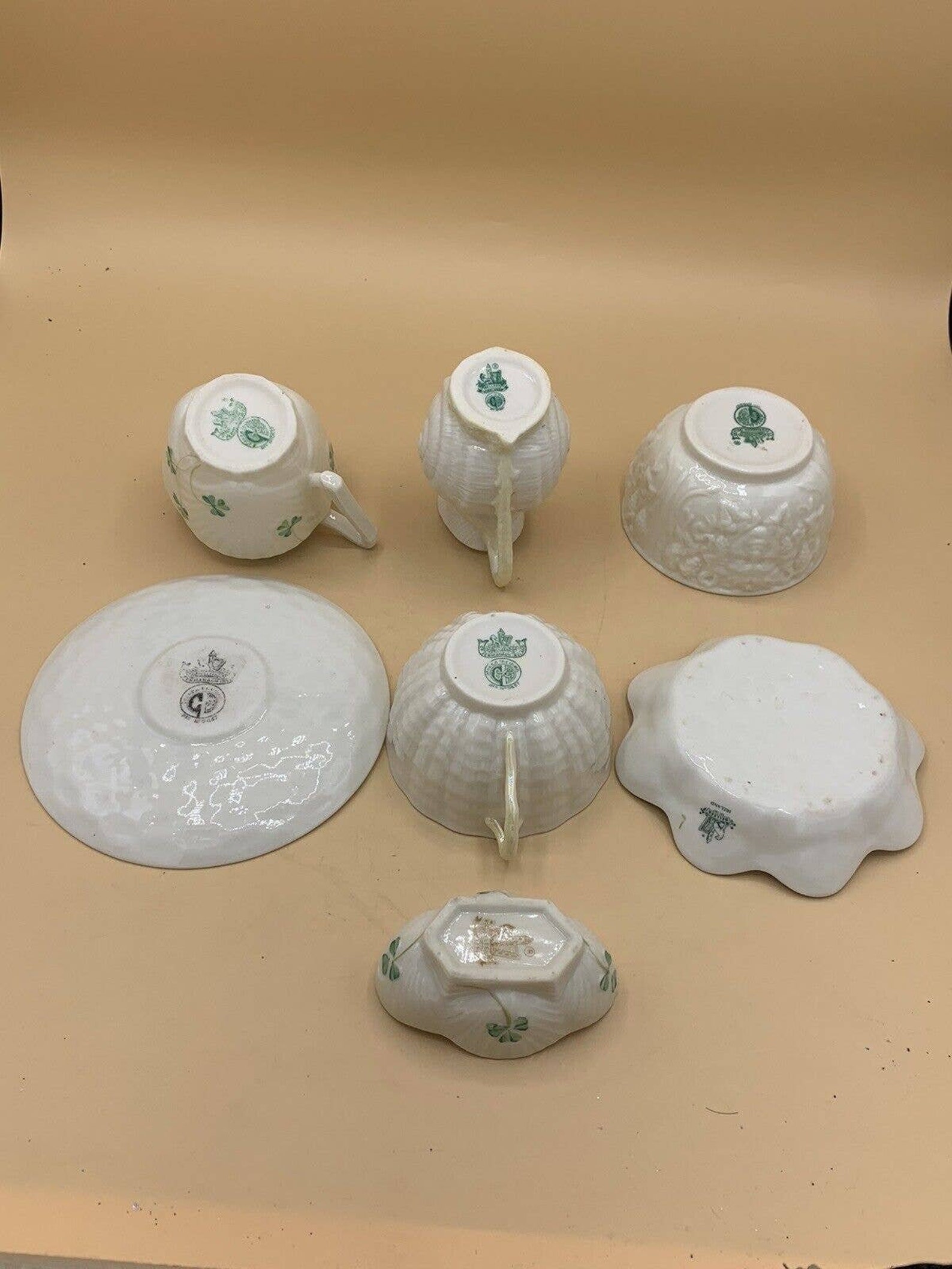 BELLEEK Parian China Set Shamrock Weaved Pattern Collection All 7 Piece ...