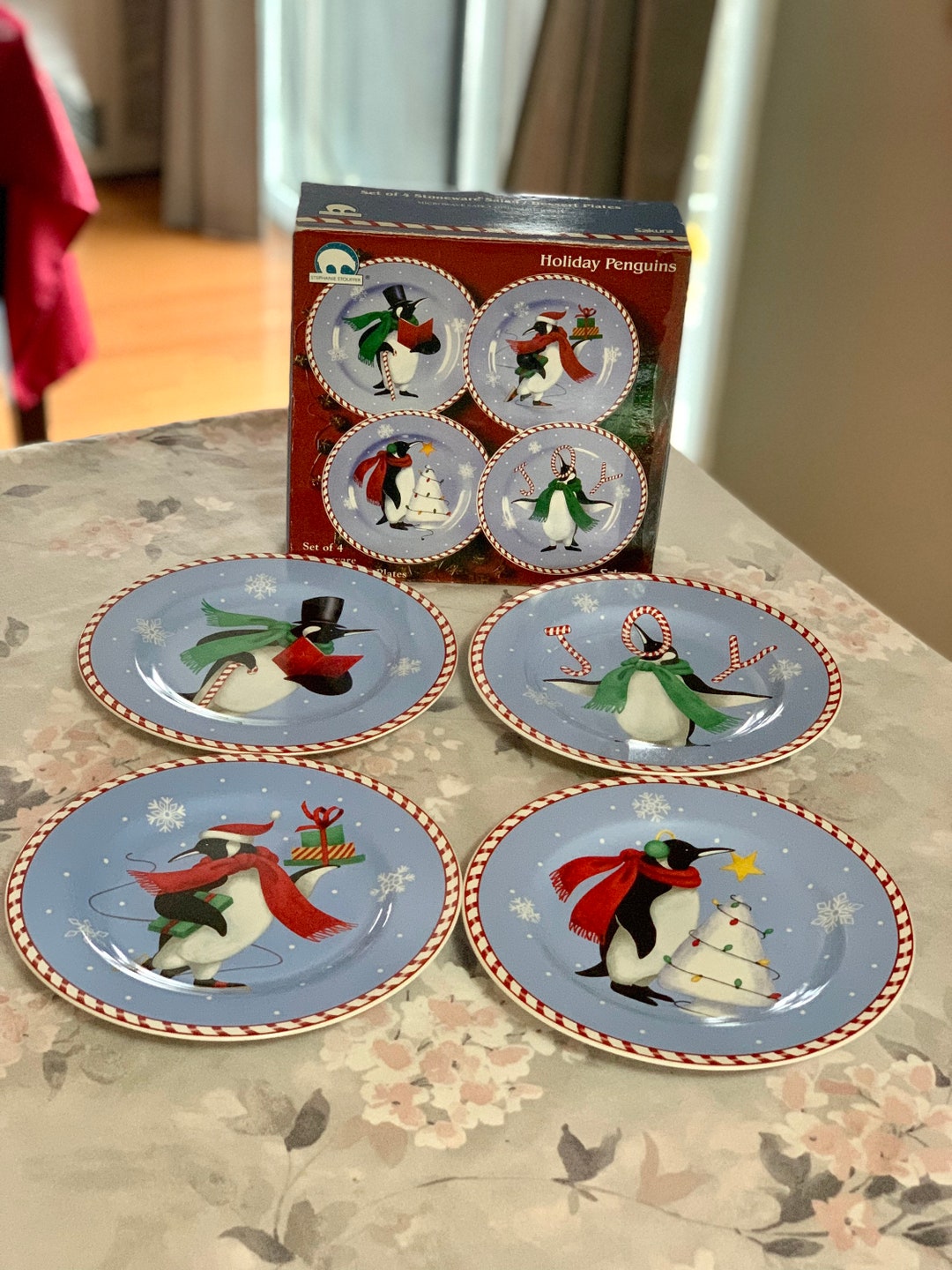 Sakura Stephanie Stouffer Holiday Pengiuns Set of 4 Stoneware Salad ...