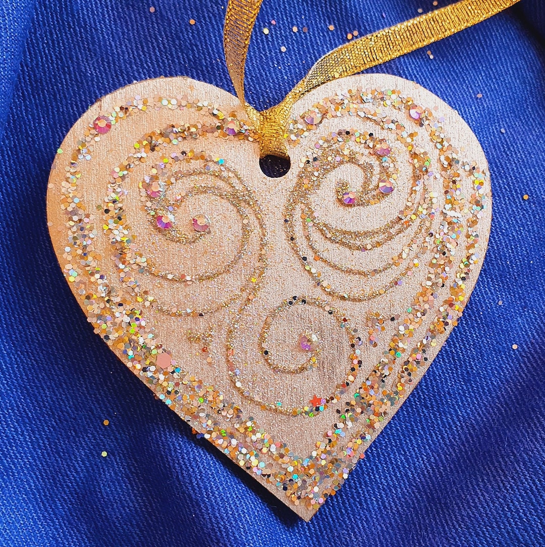Decorated Heart Hand-decorated Sparkling Silver Wooden Hanging Heart ...