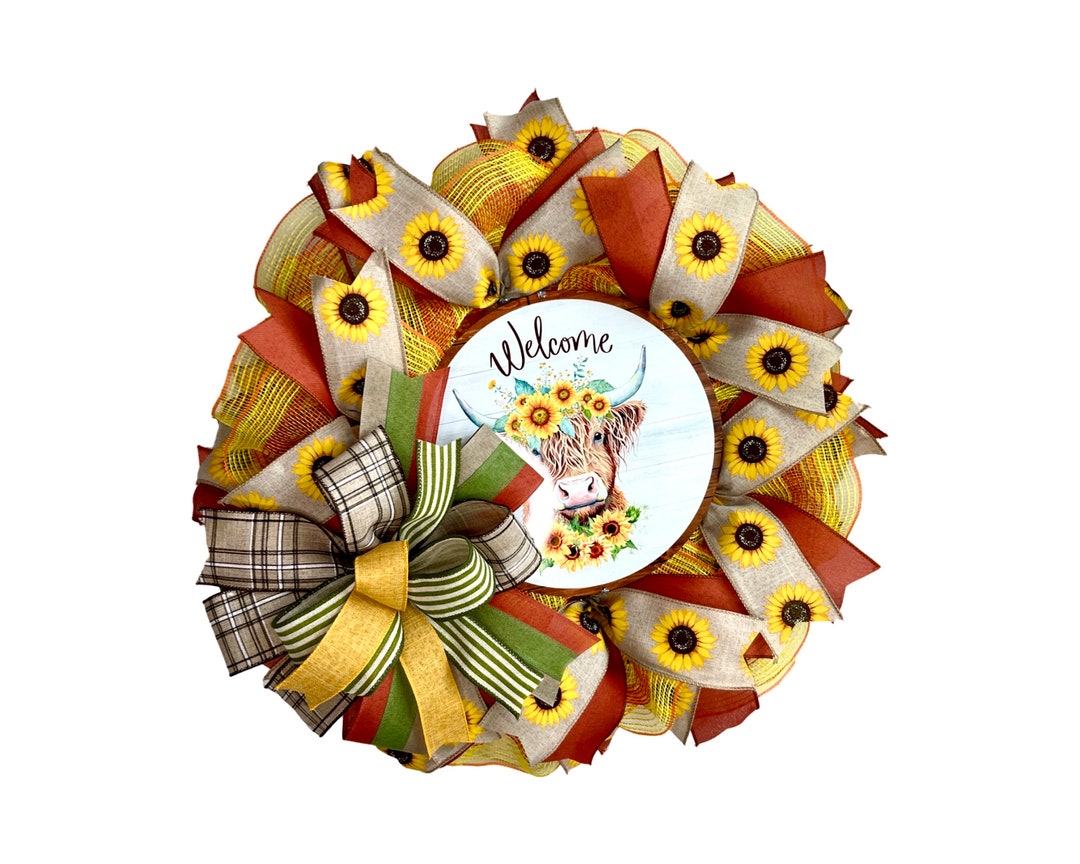 Thin Fall Sunflower Wreath for Front Door, Highland Cow Hanger for ...