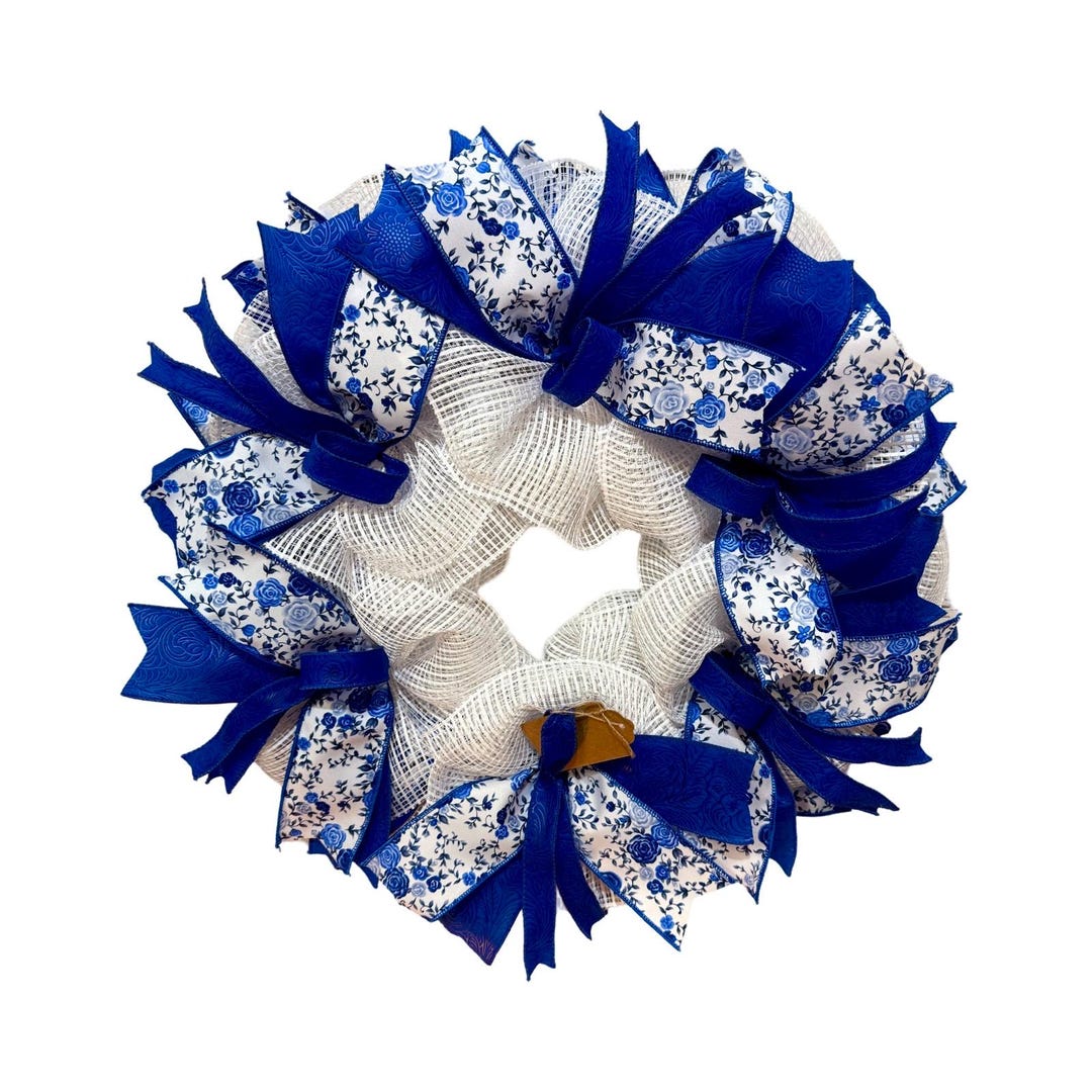 Blue and White Thin Wreath for Front Door, Tiole Inspired Decor for ...