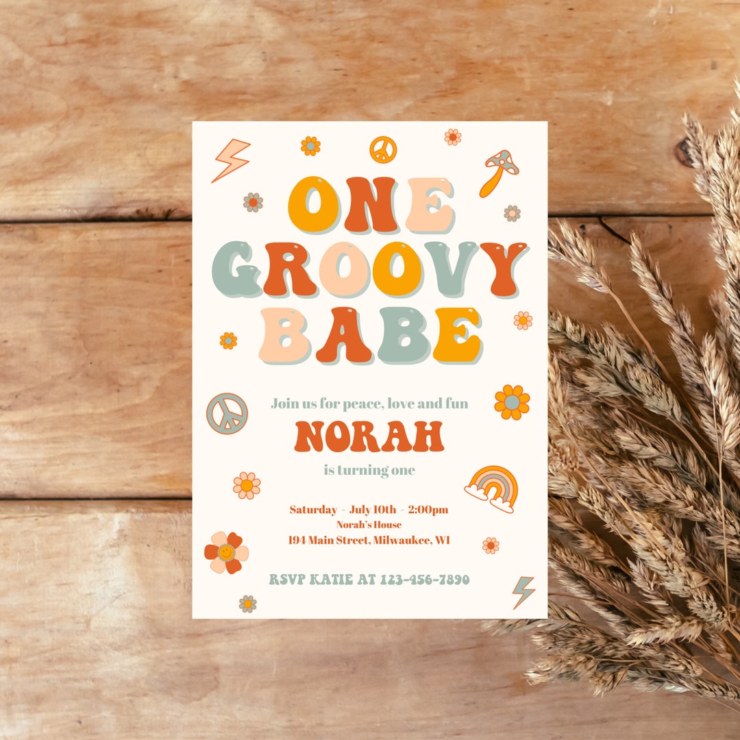 Editable One Groovy Babe Birthday Invitation, First Birthday Invite ...