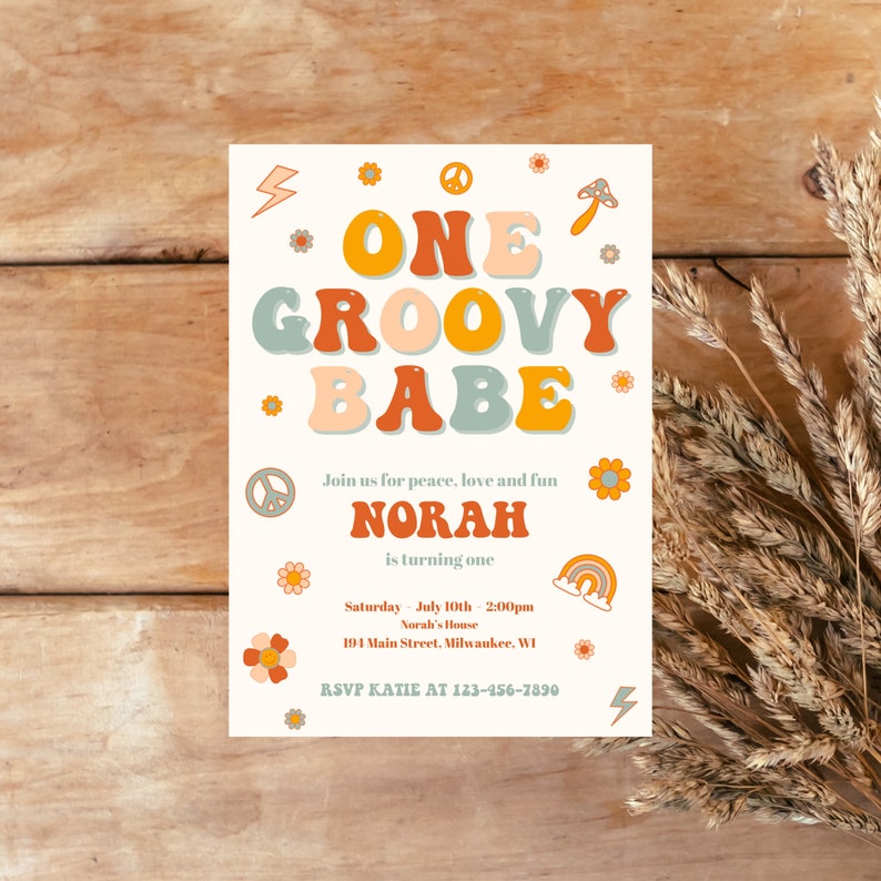 Editable One Groovy Babe Birthday Invitation, First Birthday Invite ...