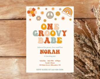 Editable One Groovy Babe Birthday Invitation, First Birthday Invite ...