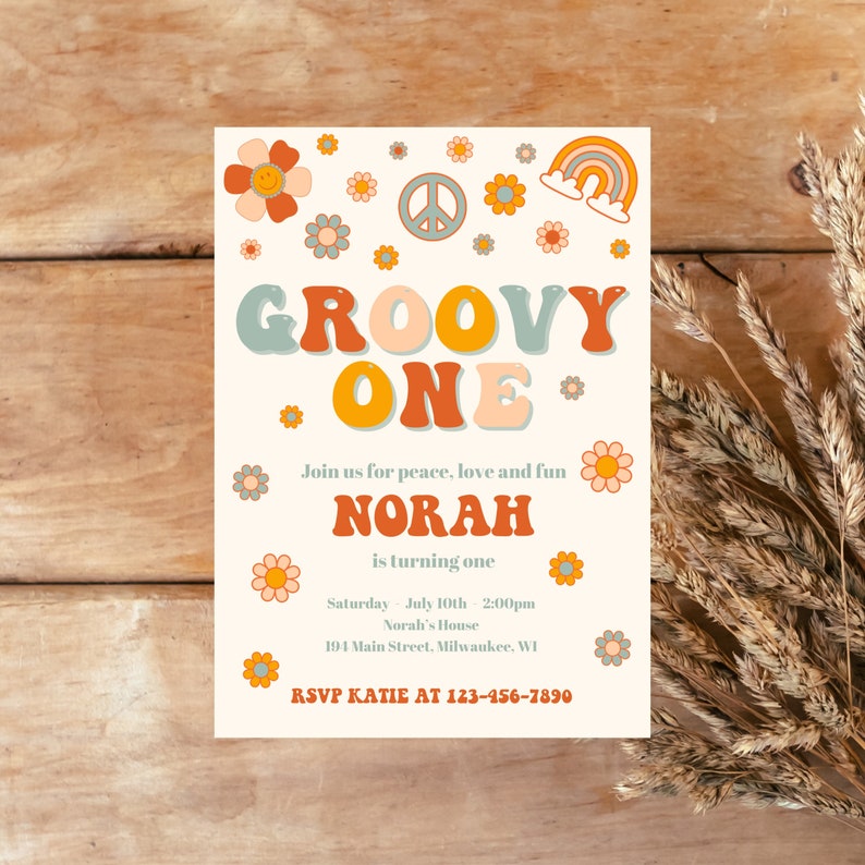 Editable Groovy One Birthday Invitation. First Birthday Invite. Baby’s ...