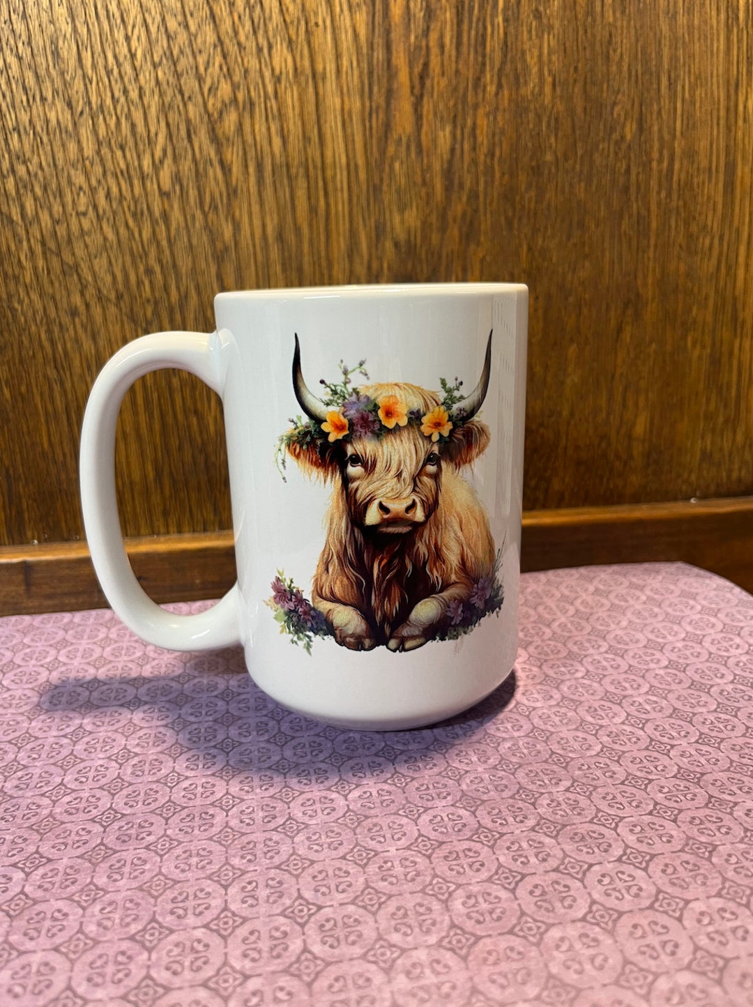 Cute Highland Cow Coffee Cup, Long Haired Cow With Flower Crown, Double ...