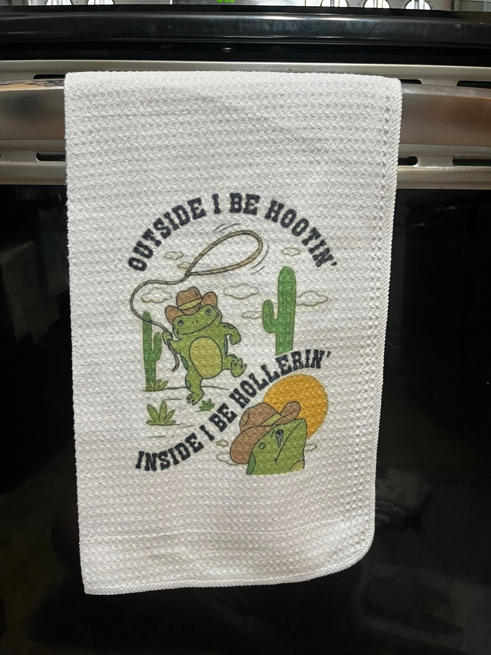 Outside I Be Hootin Inside I Be Hollerin, Cowboy Frog Kitchen Towel ...
