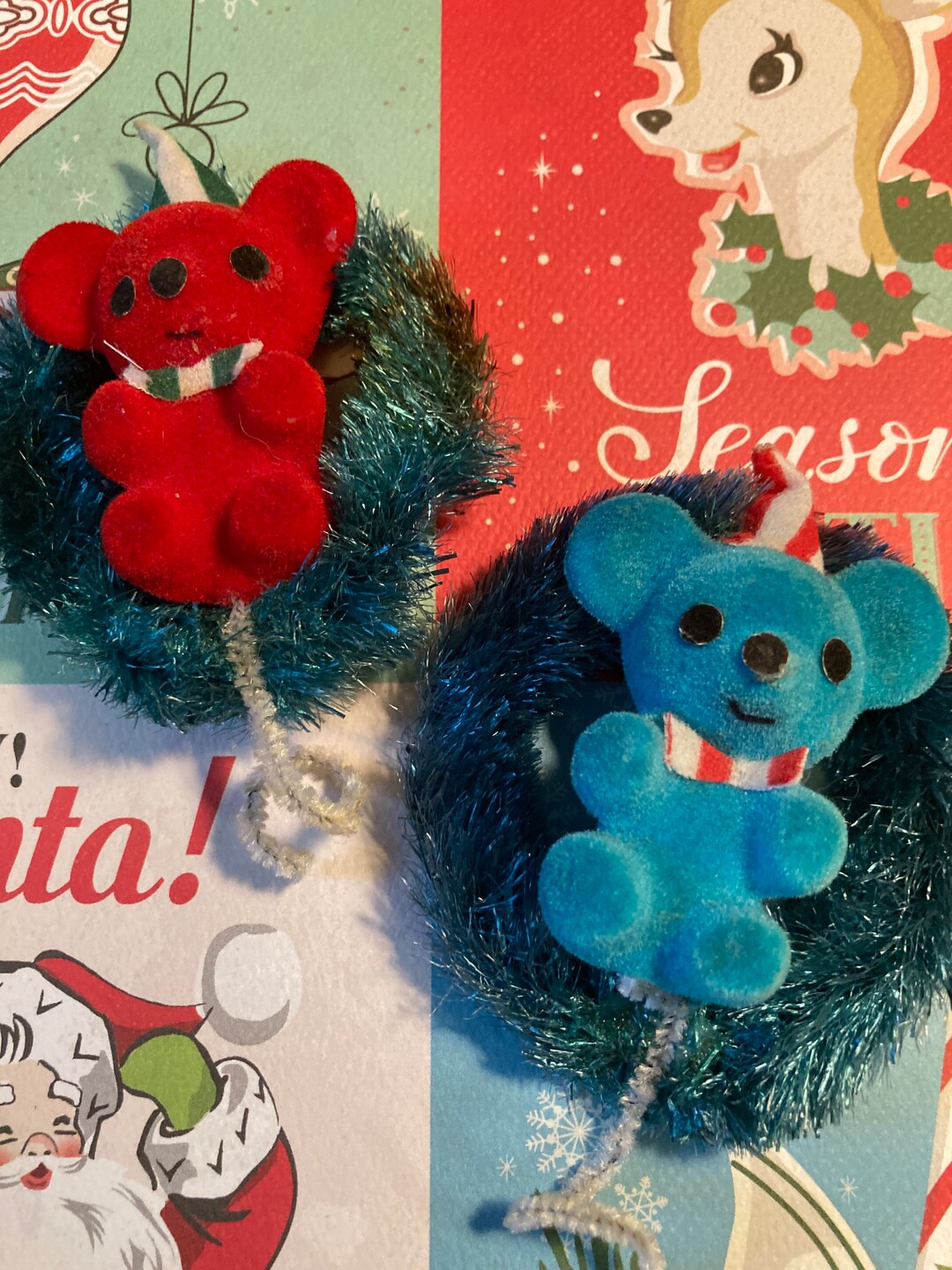 Vintage 1960 Kitschy Flocked Blue Teddy Bear on Tinseled Wreath Package ...