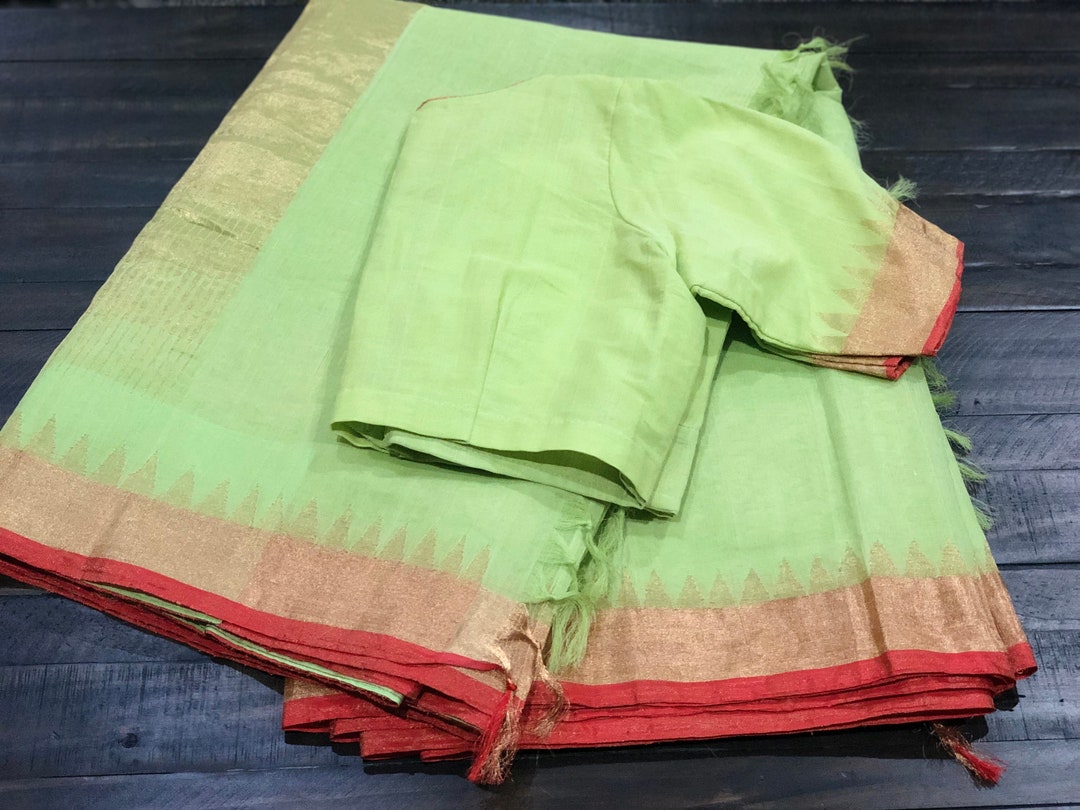Parrot Green Ponduru Khadi Saree With Zari Borders - Etsy