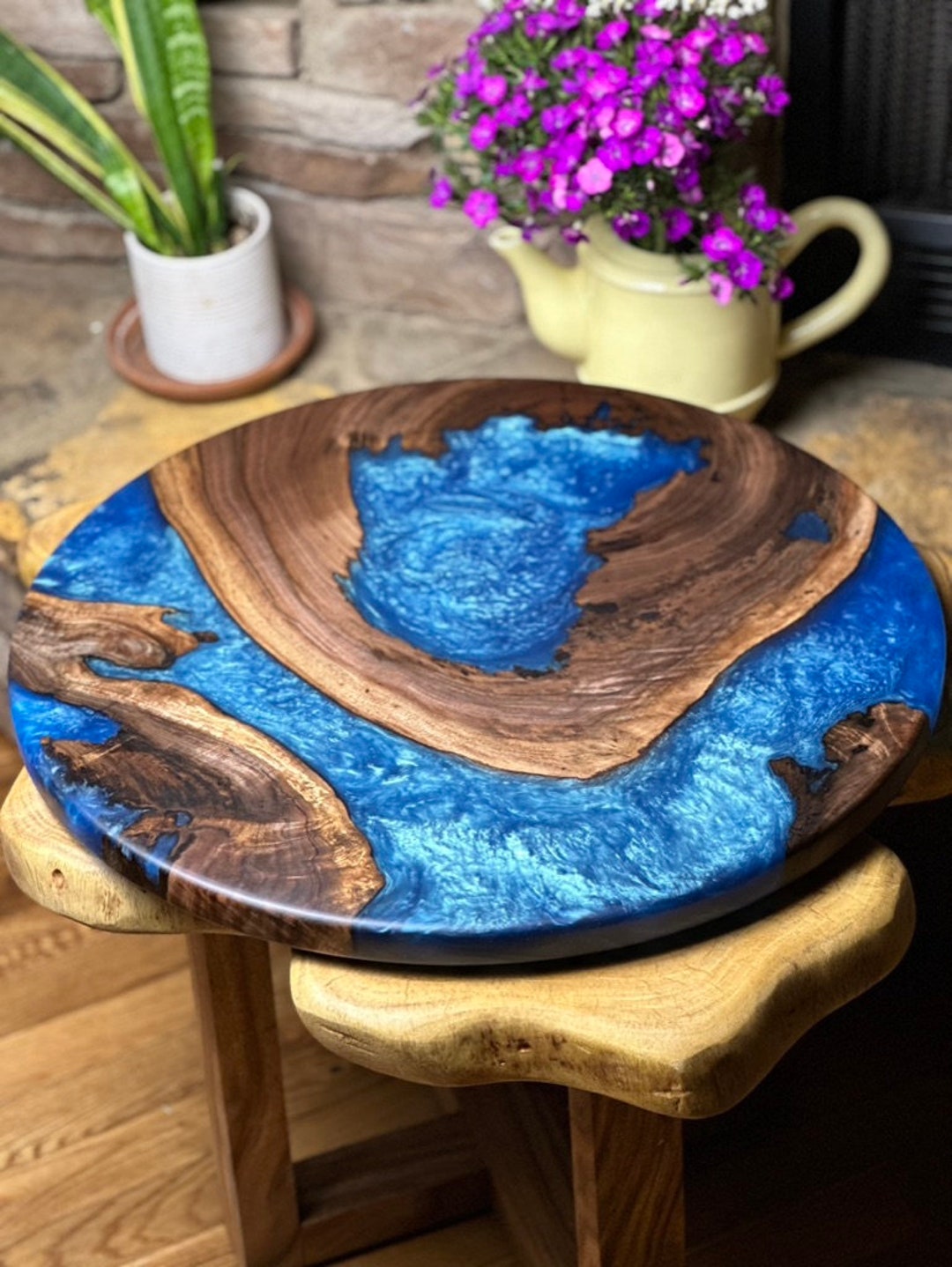 Personalized Walnut & Blue Epoxy Lazy Susan | Free Engraving | Wedding ...