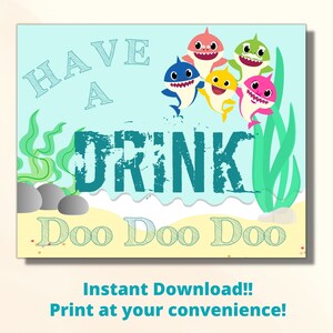 Printable Baby Shark Food & Drink Signs | Teal Blue Baby Shark Editable ...