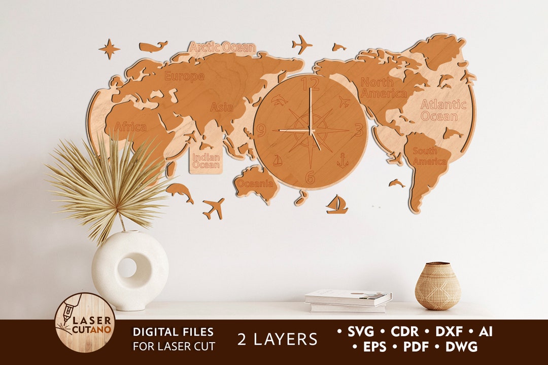 Clock World Map Svg Laser Cut File Engraving Pattern and Engraved Map ...