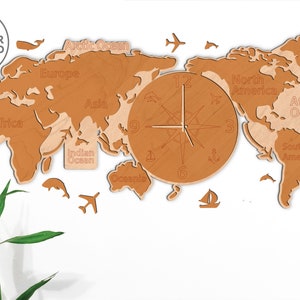 Clock World Map Svg Laser Cut File Engraving Pattern and Engraved Map ...