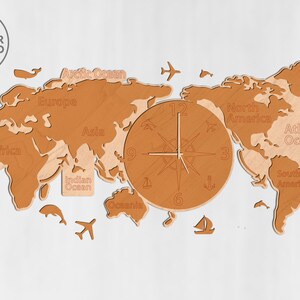 Clock World Map Svg Laser Cut File Engraving Pattern and Engraved Map ...