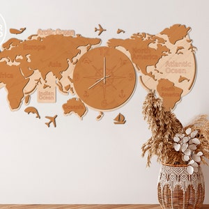 Clock World Map Svg Laser Cut File Engraving Pattern and Engraved Map ...