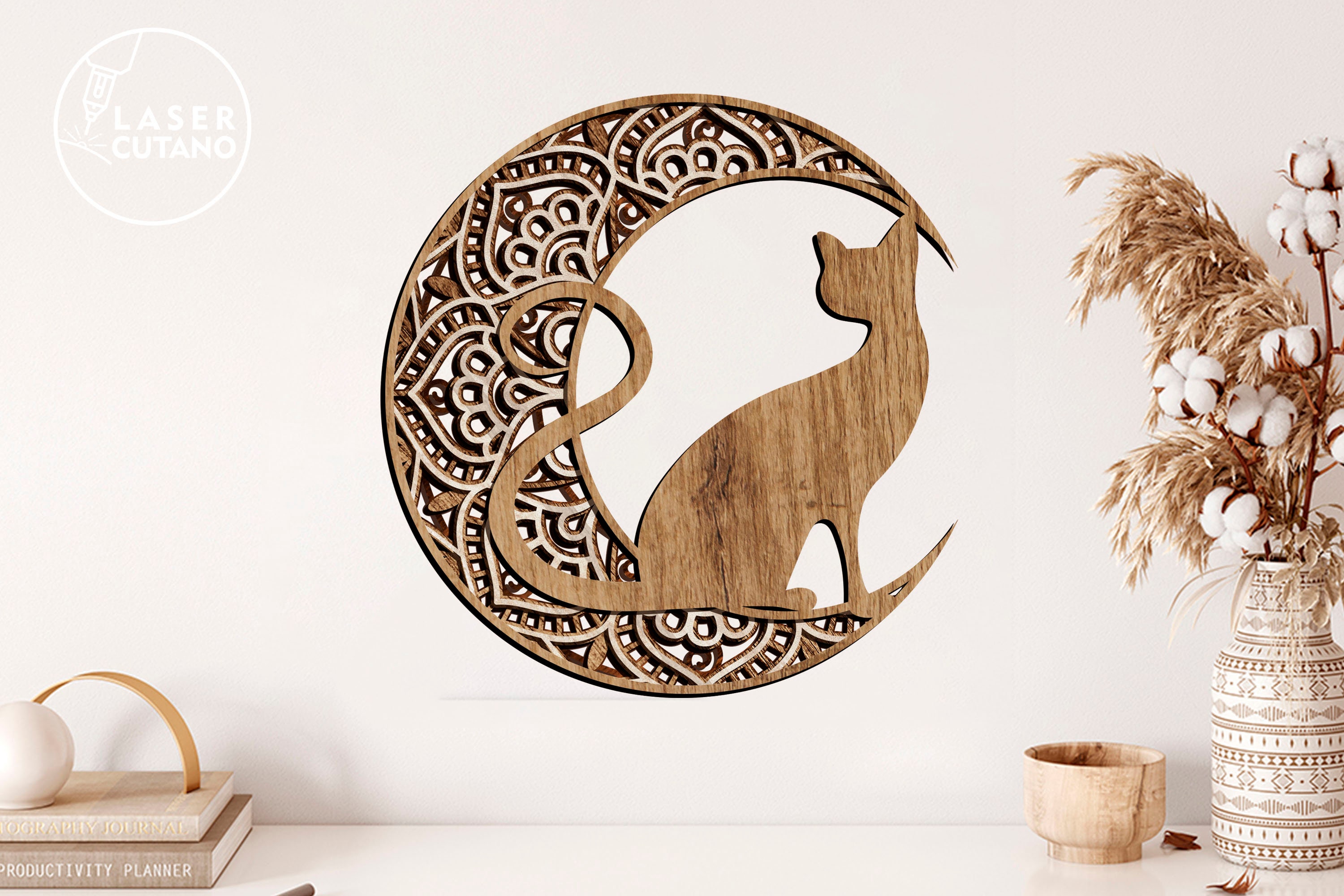 Mandala Laser Cut Out Wood Moon Dxf Cat and Mandala Cnc Wood, Cat Dxf ...