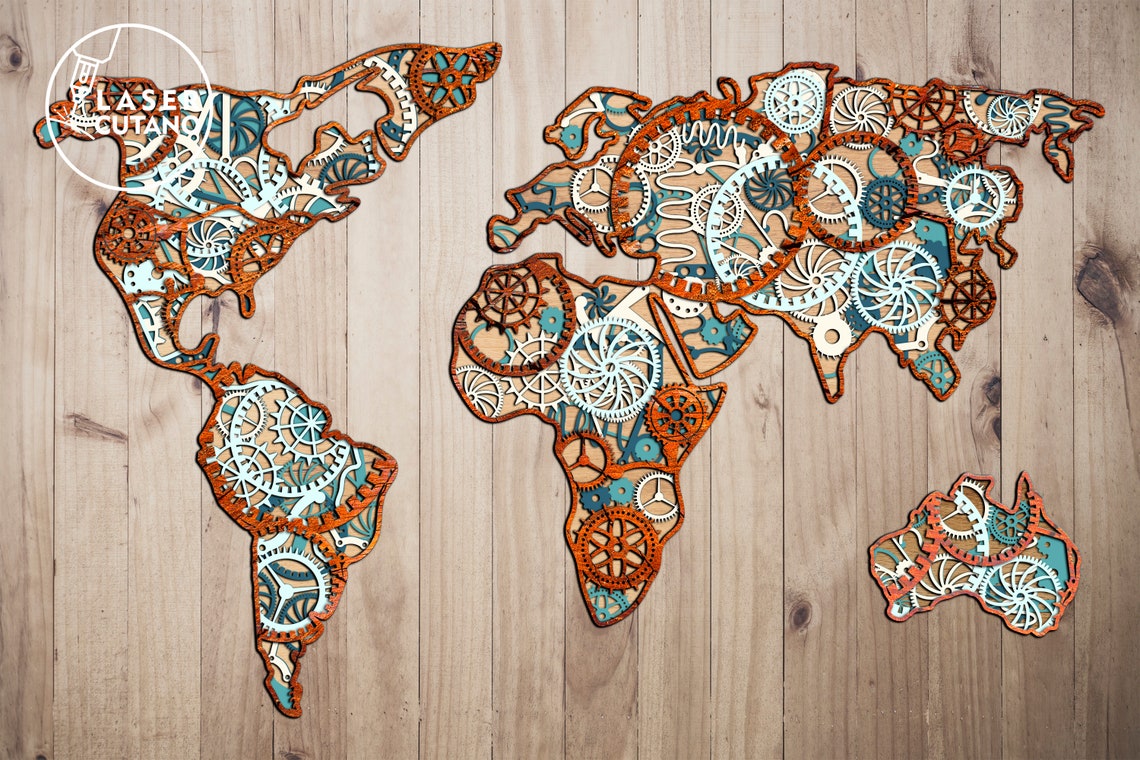 World Map Svg Files for Cricut Laser Cut Files STEAMPUNK MAP Layered ...