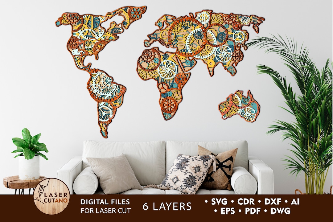 World Map Svg Files for Cricut Laser Cut Files STEAMPUNK MAP Layered ...
