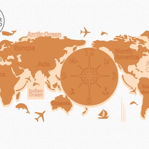 Clock World Map Svg Laser Cut File Engraving Pattern and Engraved Map ...
