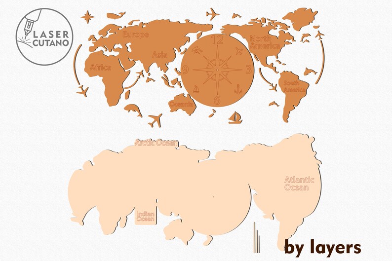 Clock World Map Svg Laser Cut File Engraving Pattern and Engraved Map ...