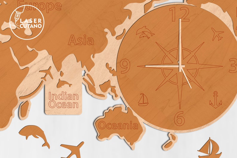 Clock World Map Svg Laser Cut File Engraving Pattern and Engraved Map ...