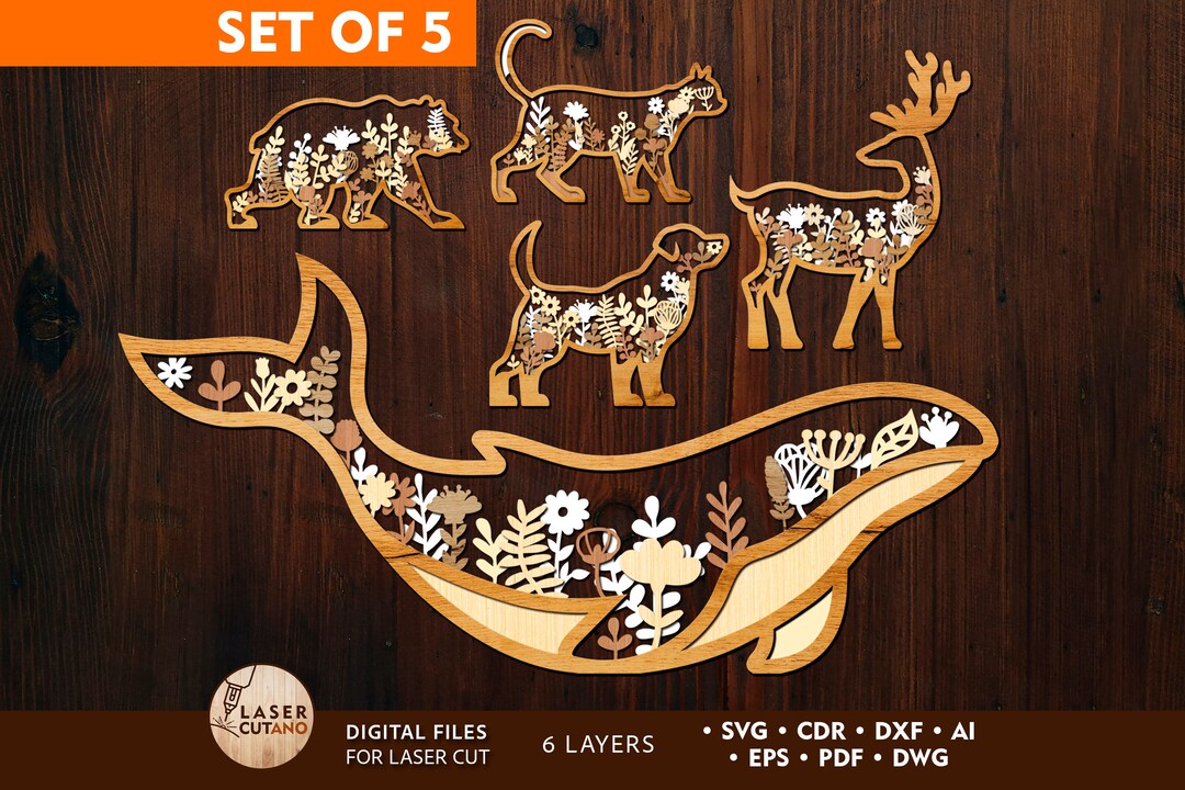 Svg Layered Animals Laser Files and Animals Dxf, Cat Dog Deer Bear and ...