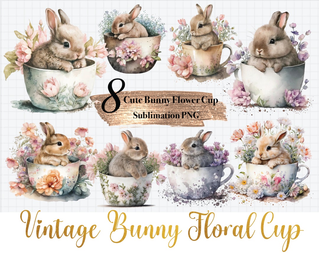 8 Bundle Cute Vintage Bunny Floral Cup Sublimation Design, Flower ...