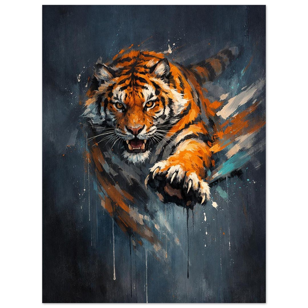 Tiger Pounce Art Print, Painterly Motion, Teal Copper Accents - Etsy
