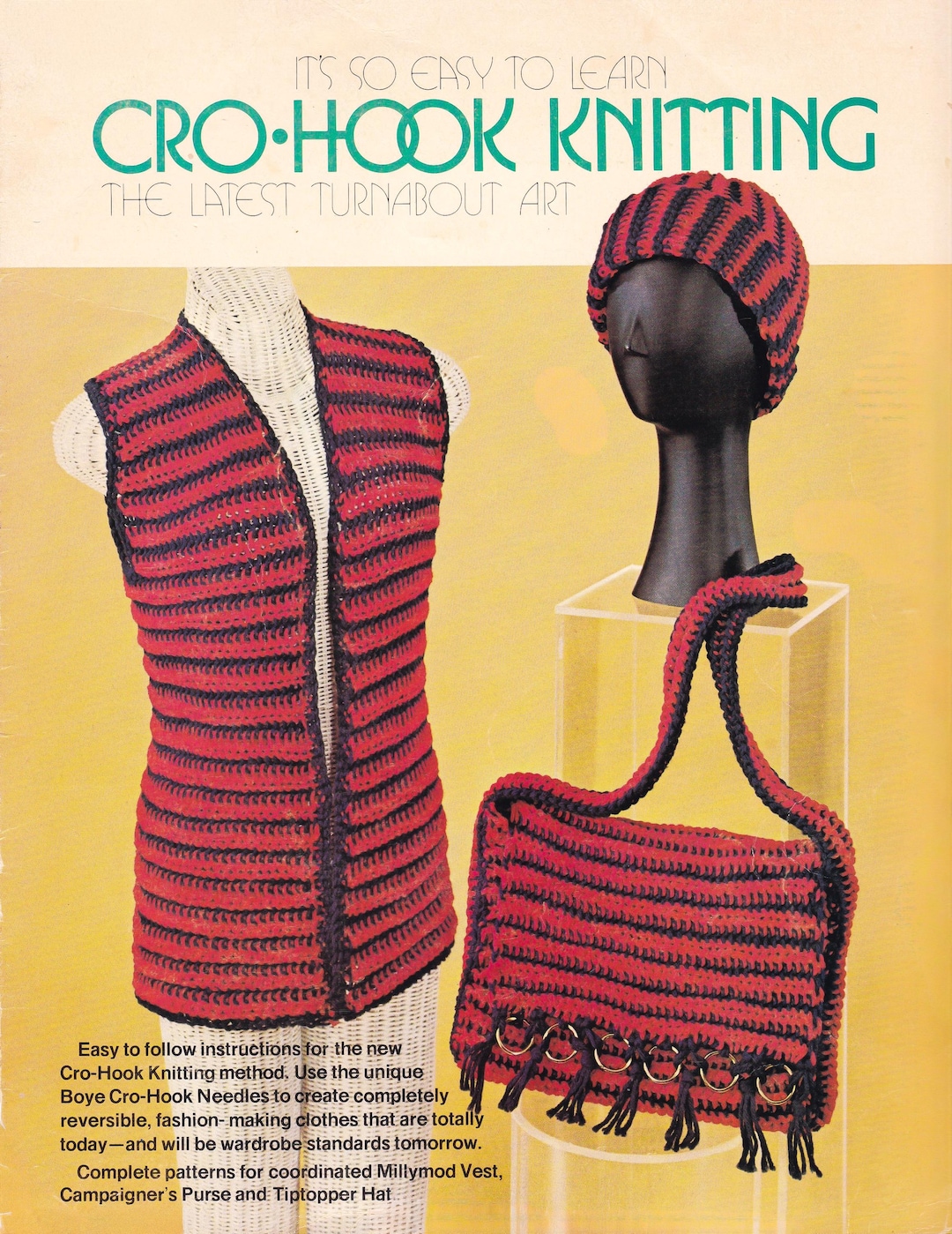 Vintage 1960s Cro-hook Knitting Pattern: Vest, Hat & Purse (digital ...
