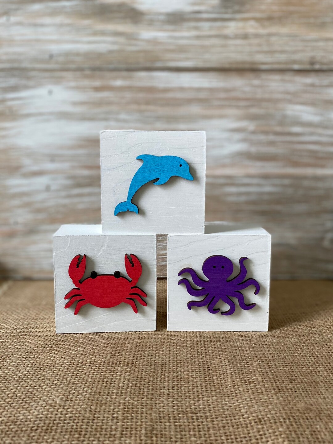 Sea Animal Wood Blocks - Crab Dolphin Octopus - Ocean Creatures - Beach ...