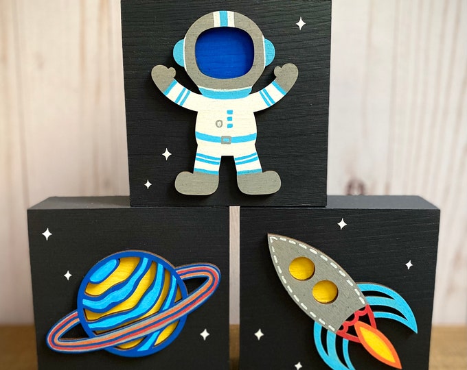 Space Wood Block Decor - Outer Space Shelf Sitter - Astronaut Rocket ...