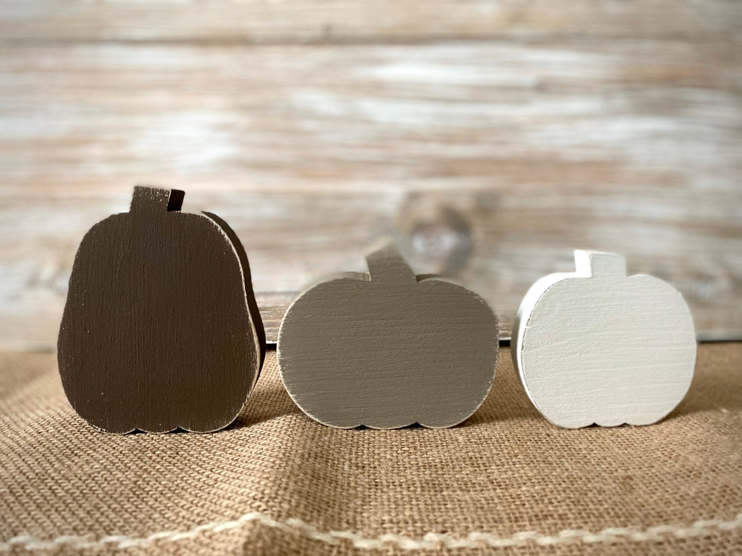 Set of 3 Neutral Wood Pumpkins Rustic Fall Tiered Tray Decor Halloween ...