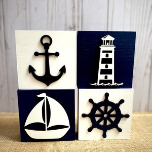 4" Nautical Wood Blocks - Sailboat Lighthouse Anchor Wheel - Beach ...
