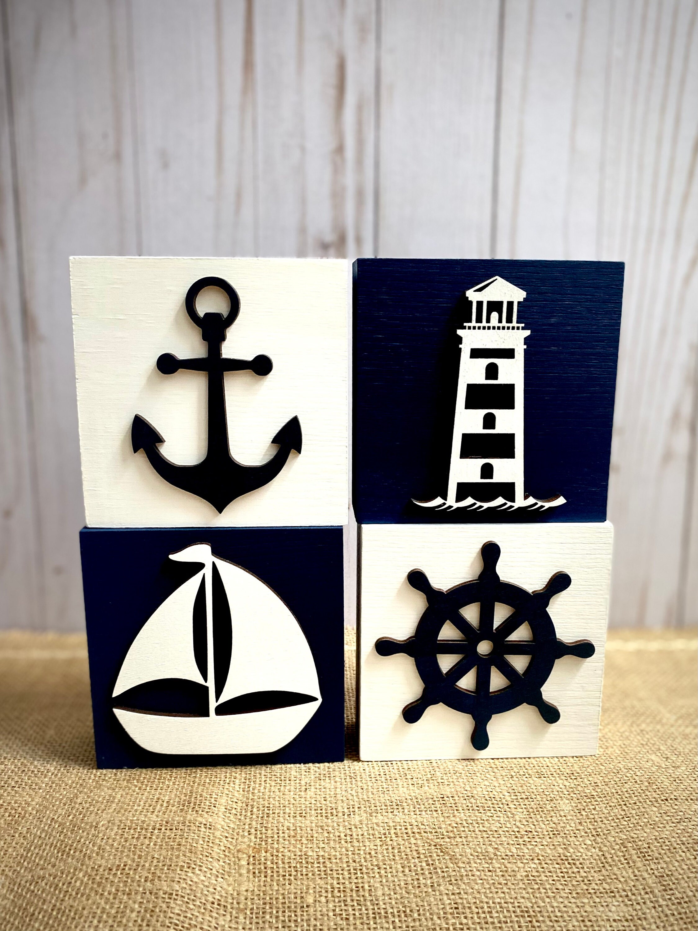 4" Nautical Wood Blocks - Sailboat Lighthouse Anchor Wheel - Beach ...