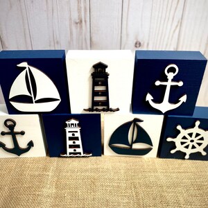4" Nautical Wood Blocks - Sailboat Lighthouse Anchor Wheel - Beach ...