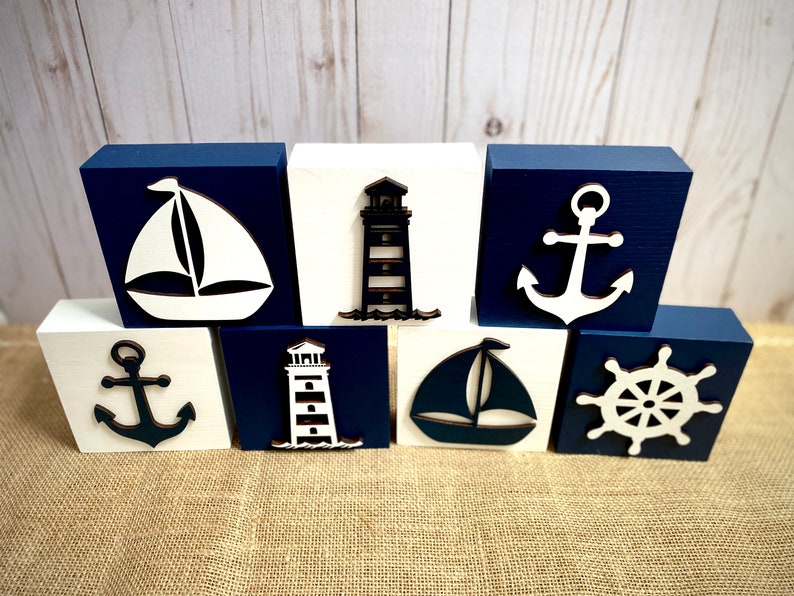 4" Nautical Wood Blocks - Sailboat Lighthouse Anchor Wheel - Beach ...