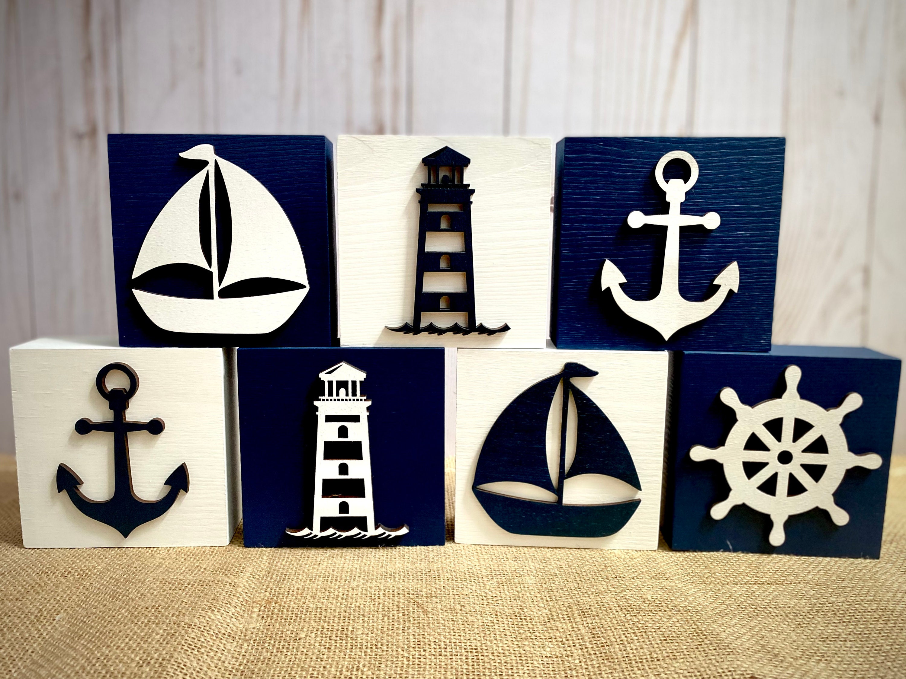 4" Nautical Wood Blocks - Sailboat Lighthouse Anchor Wheel - Beach ...