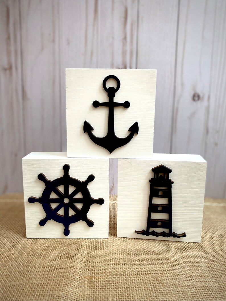 4" Nautical Wood Blocks - Sailboat Lighthouse Anchor Wheel - Beach ...